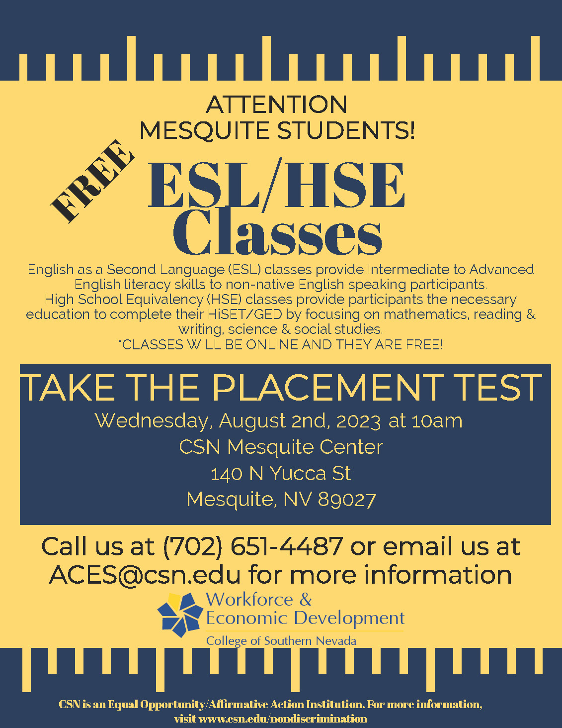English as a Second Language - Free Classes - Aug 02, 2023 - CSN Mesquite Center